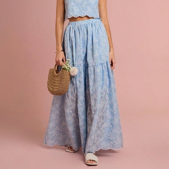 Skirts | Blue Casual Womens Romantic Floral Embroidered Vest Long Skirt ...